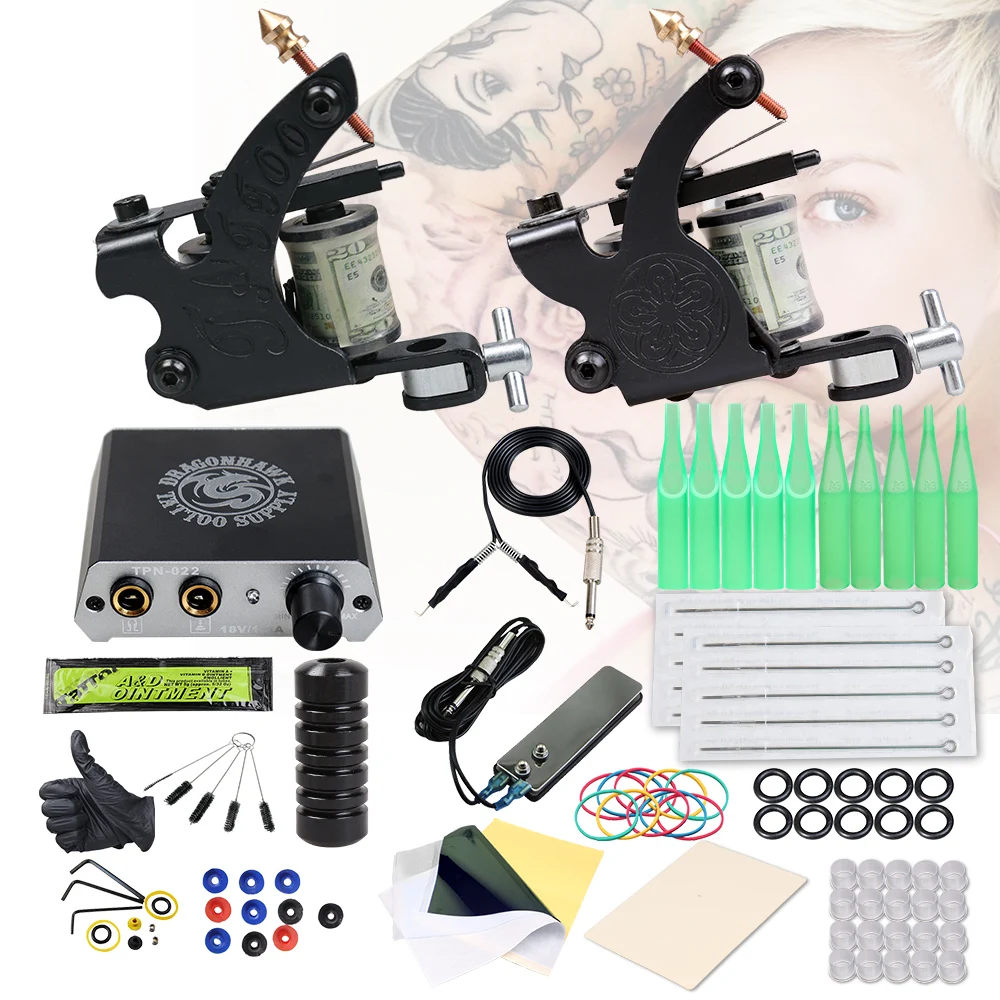 Beginner Complete Tattoo Kit 2 Machines Gun Set Power Supply Grips Body ...