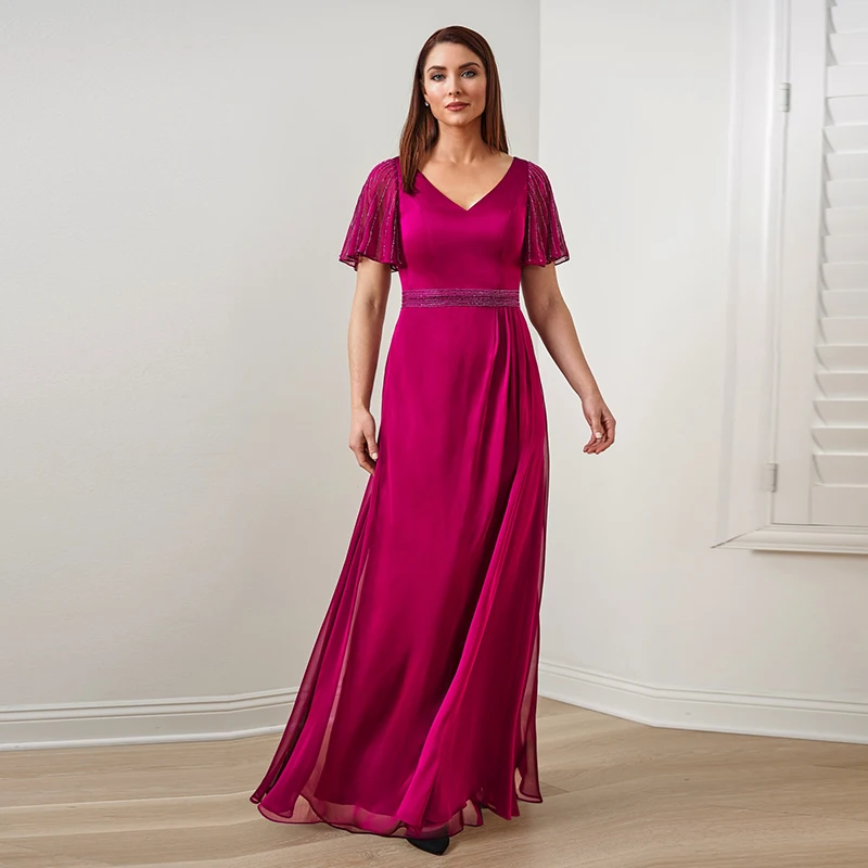 Modern Charming Fuchsia Chiffon Long Mother of the Bride Dresses Short ...