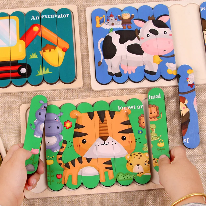 Kid Brain Wooden Toy Double sided 3D Strip Animal Puzzle Telling ...
