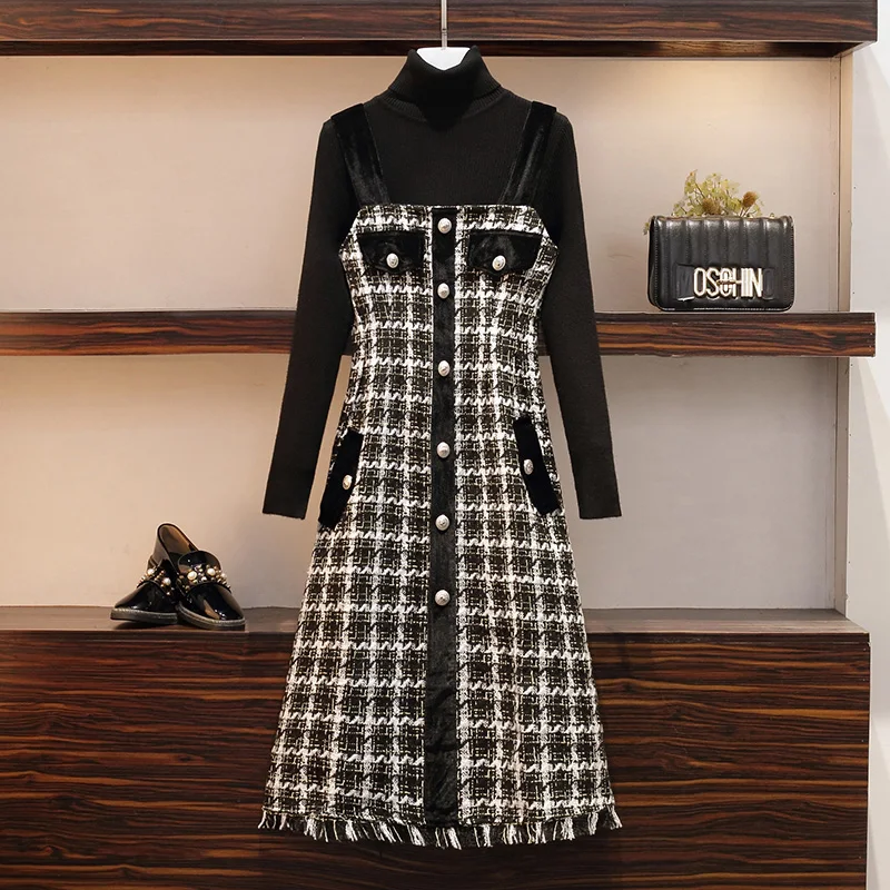 Plus size 2 piece set women elegant tweed set turtleneck sweater and ...