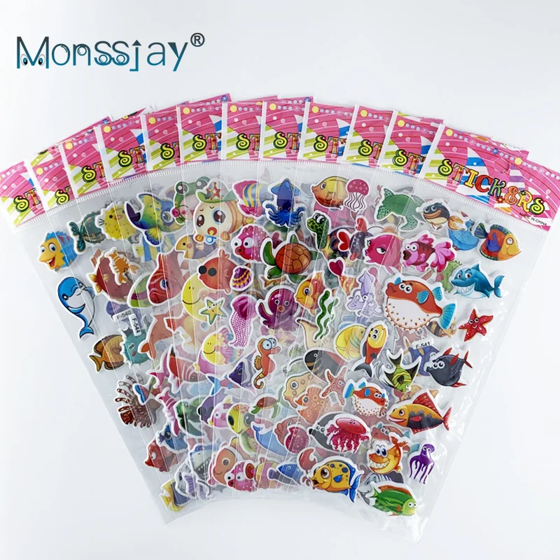 12-sheets-set-marine-fish-pattern-kids-3D-cartoon-stickers-bubble-PVC ...