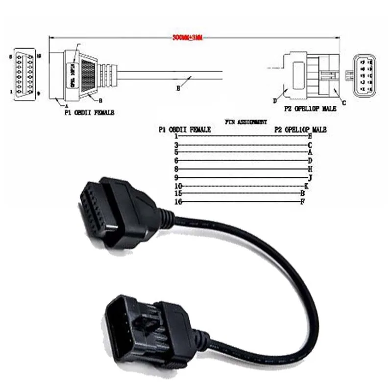OBDII Extension Cable For Opel 10Pin to OBD2 16Pin Female Diagnostic ...
