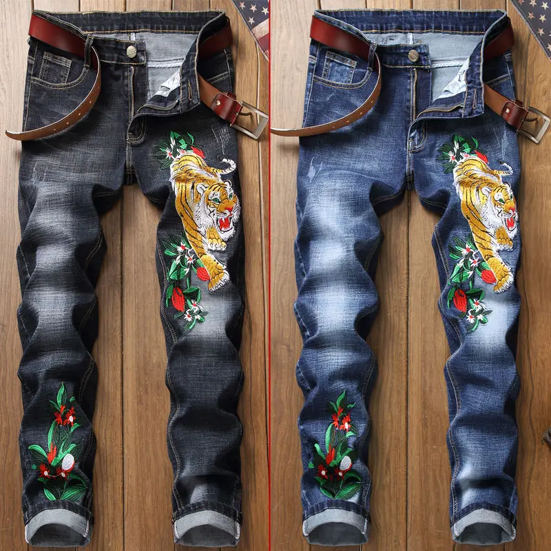 Men's Embroidered Jeans | 2 Color Men's Pants | Men's Tiger Jeans | Men ...