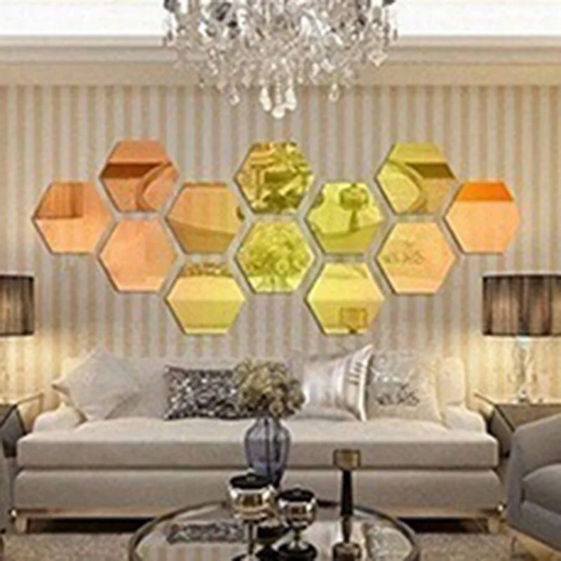 12Pcs 3D Acrylic Mirror Wall Stickers Hexagon DIY Art Wall Decor ...