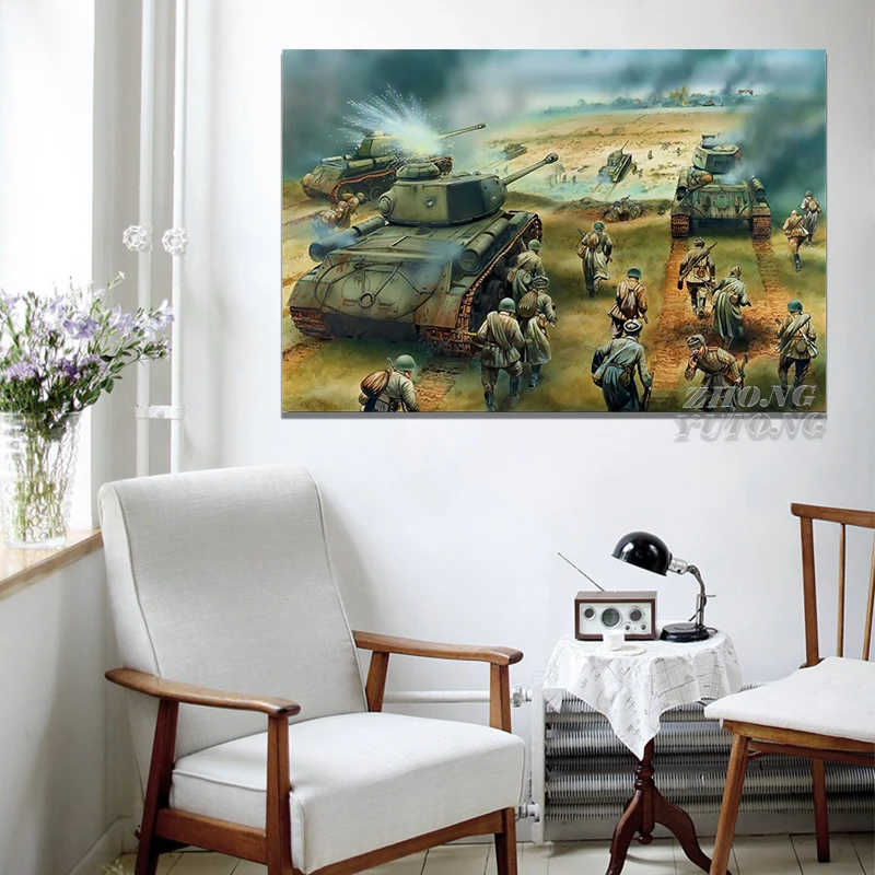 Art World War II Soldiers Tanks Red Army Offensive T34 Living Room Home ...