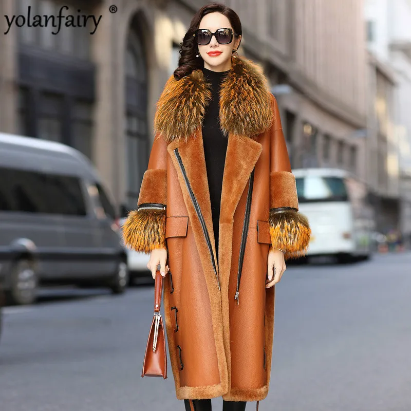 Real Fur Coat Women Genuine Leather Sheep Shearling Winter Coat Women Natural Raccoon Fur Collar ...