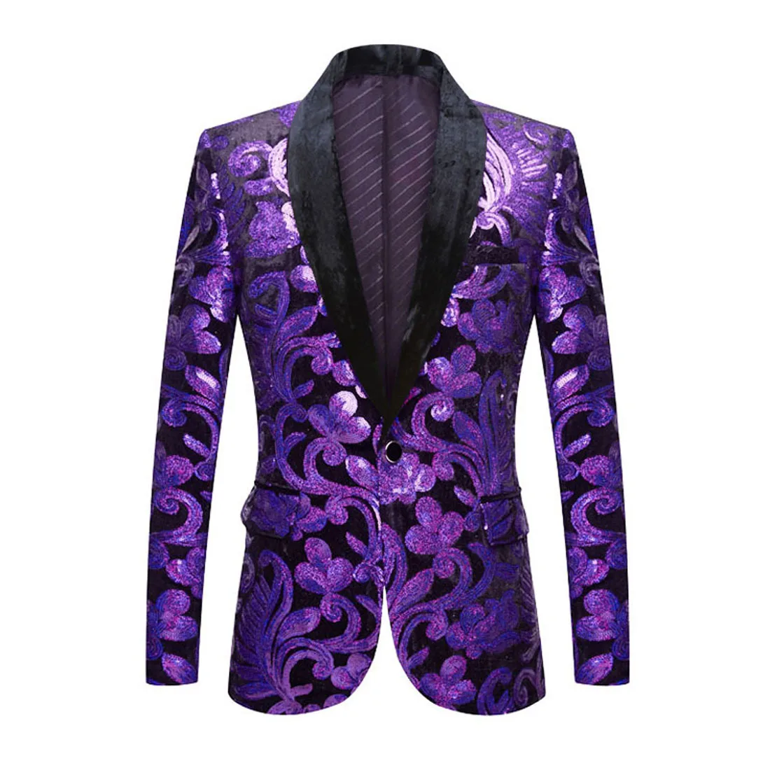 Purple Sequin Mens Blazer Casual Velvet Slim One Button Jacket Wedding ...