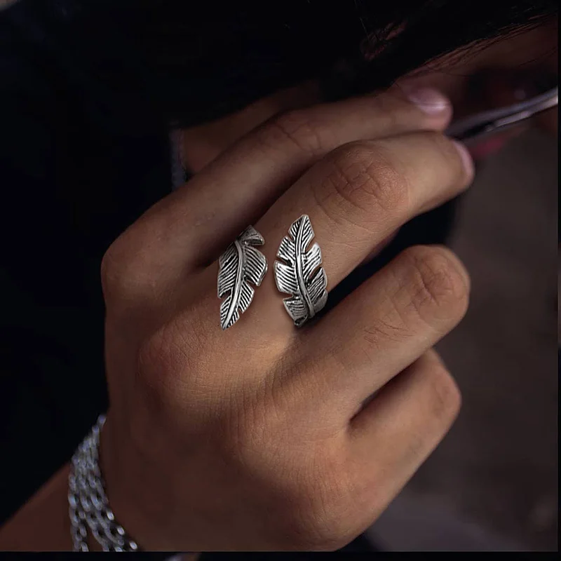 Ring Men Angel Feather Stainless Steel Vintage Feathers Wrap Punk Bike ...