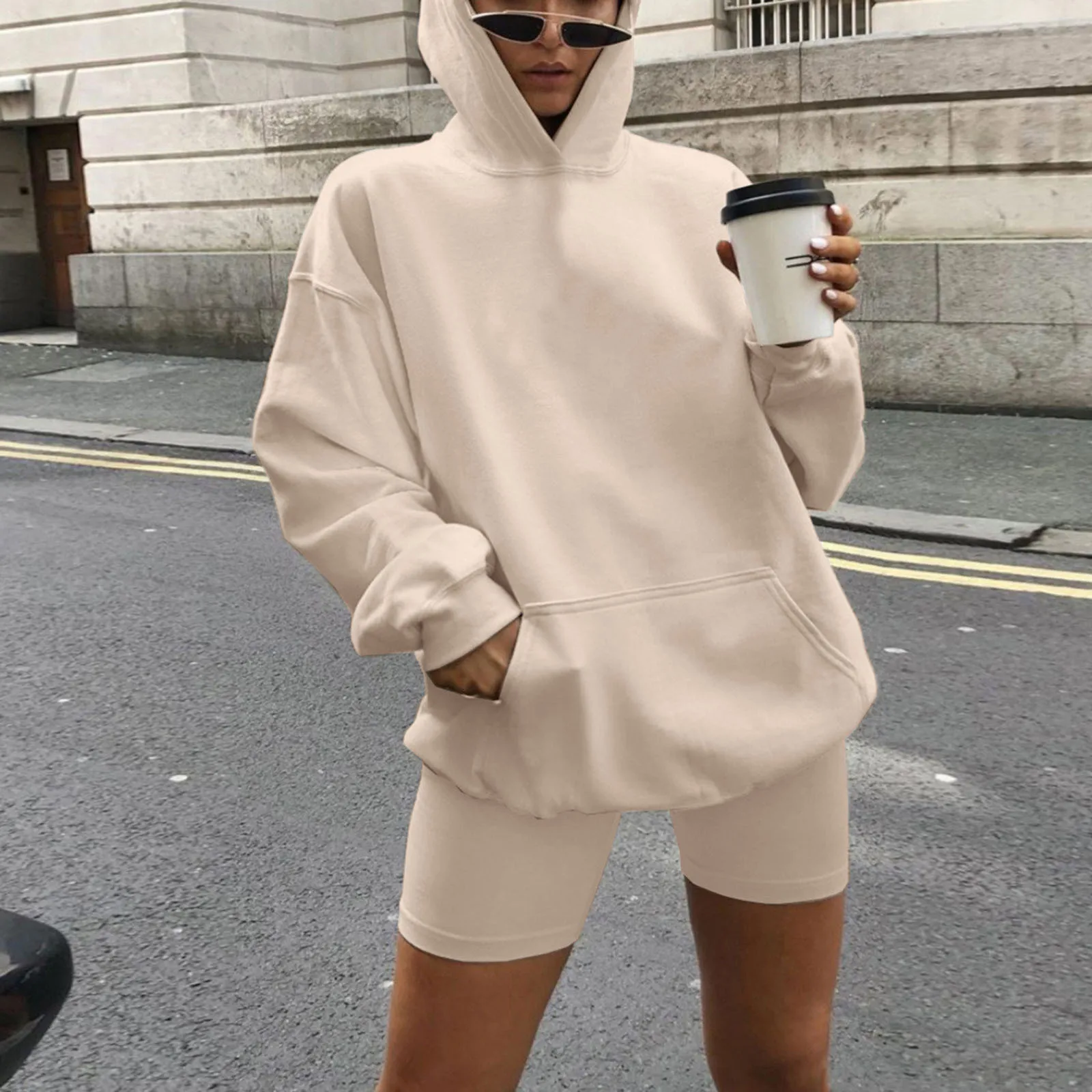 Fashsiualy Women Solid 2 Piece Sets Hoodies Shorts Set Casual Loose ...