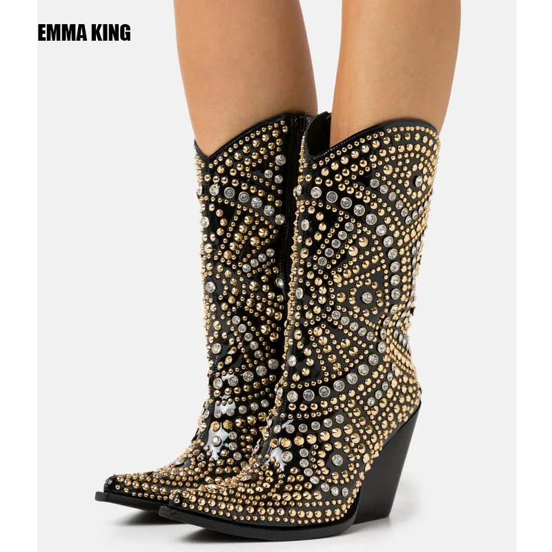 2021-Women-Luxury-Colorful-Crystal-Mid-calf-Boots-Lady-Pointed-Toe ...