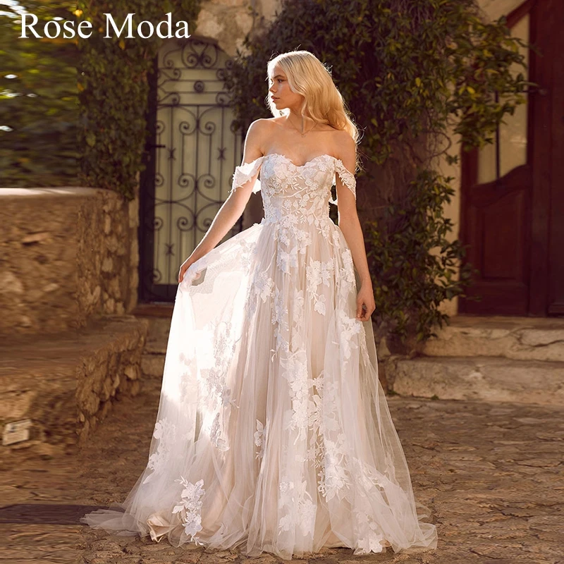 Rose Moda Off Shoulder Cap Sleeves Ivory Over Champagne Lace Wedding ...