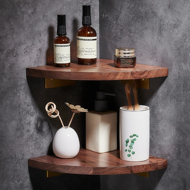 Wall Mounted Corner Storage Rack Walnut Wood Bathroom Shelf Shower ...