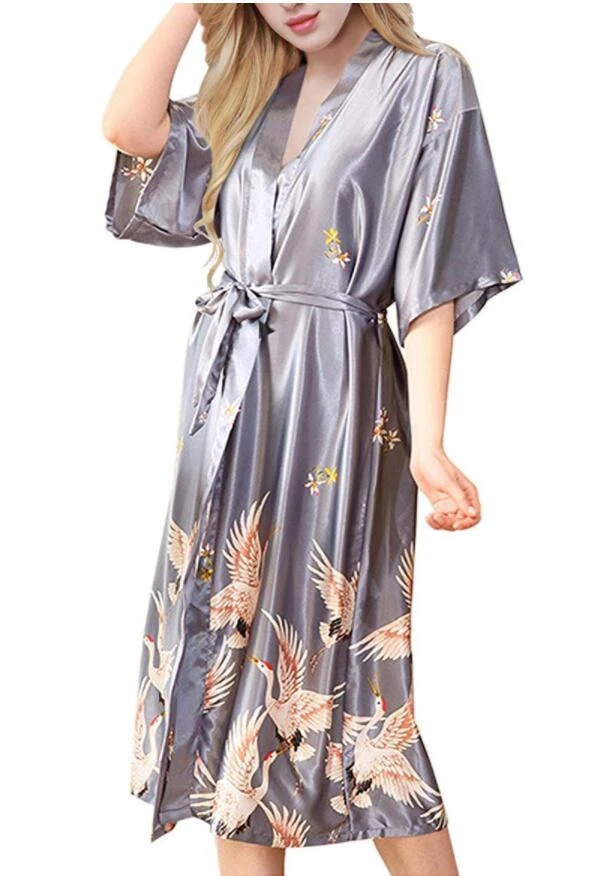 Gray Satin Long Bathrobe Women Wedding Bride Bridesmaid Robe Nightgown ...
