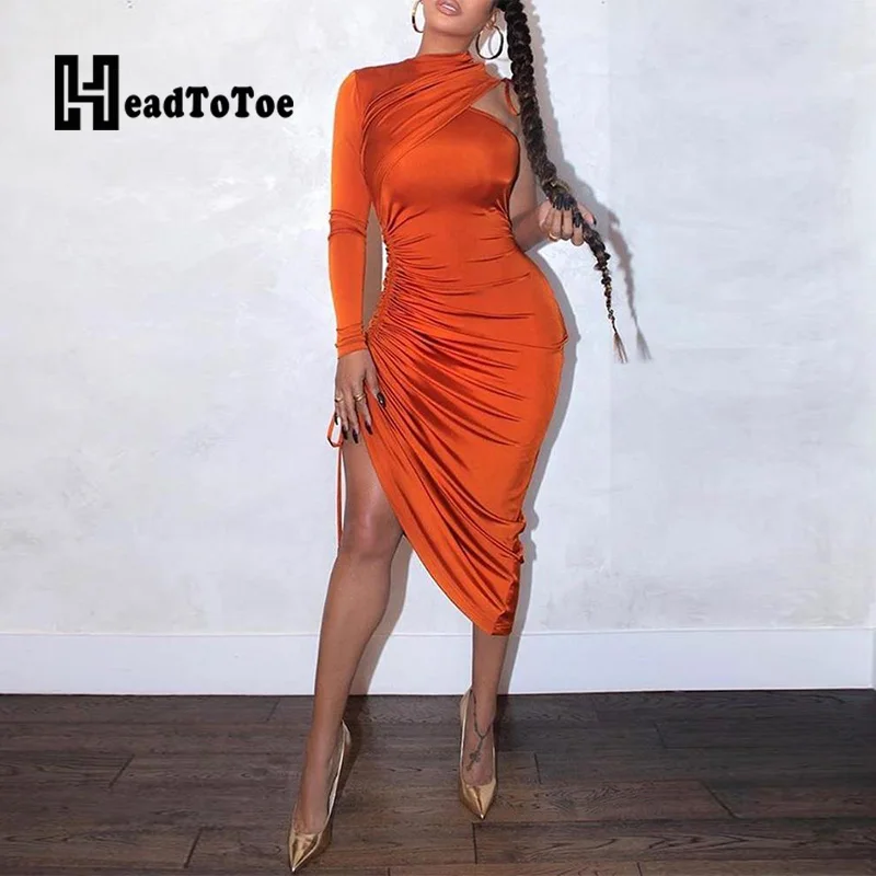 One Shoulder Bodycon Dress Ruched Drawstring JKP4535