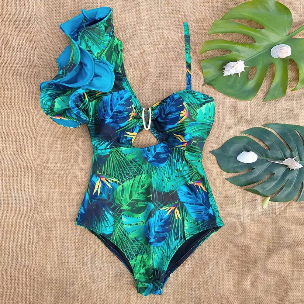 Sexy One Shoulder Ruffle One Piece Swimsuit Print Floral Swimwear Women ...