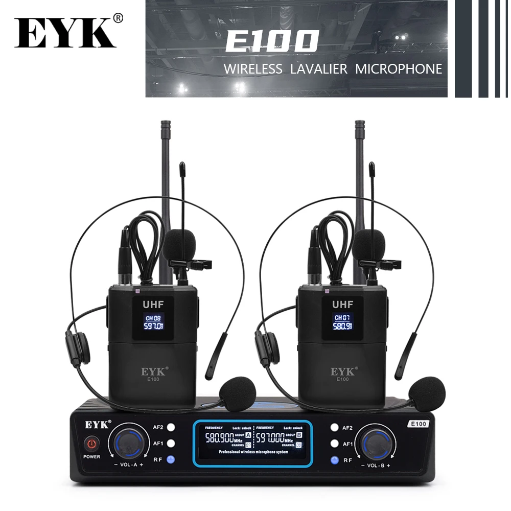 EYK E100 UHF Wireless dual Bodypack Microphone with headset and lapel ...