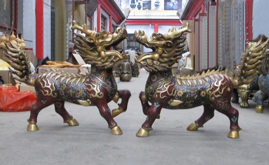001424 26"China bronze Cloisonne deer horn Red Kirin Fire Kylin Pair ...