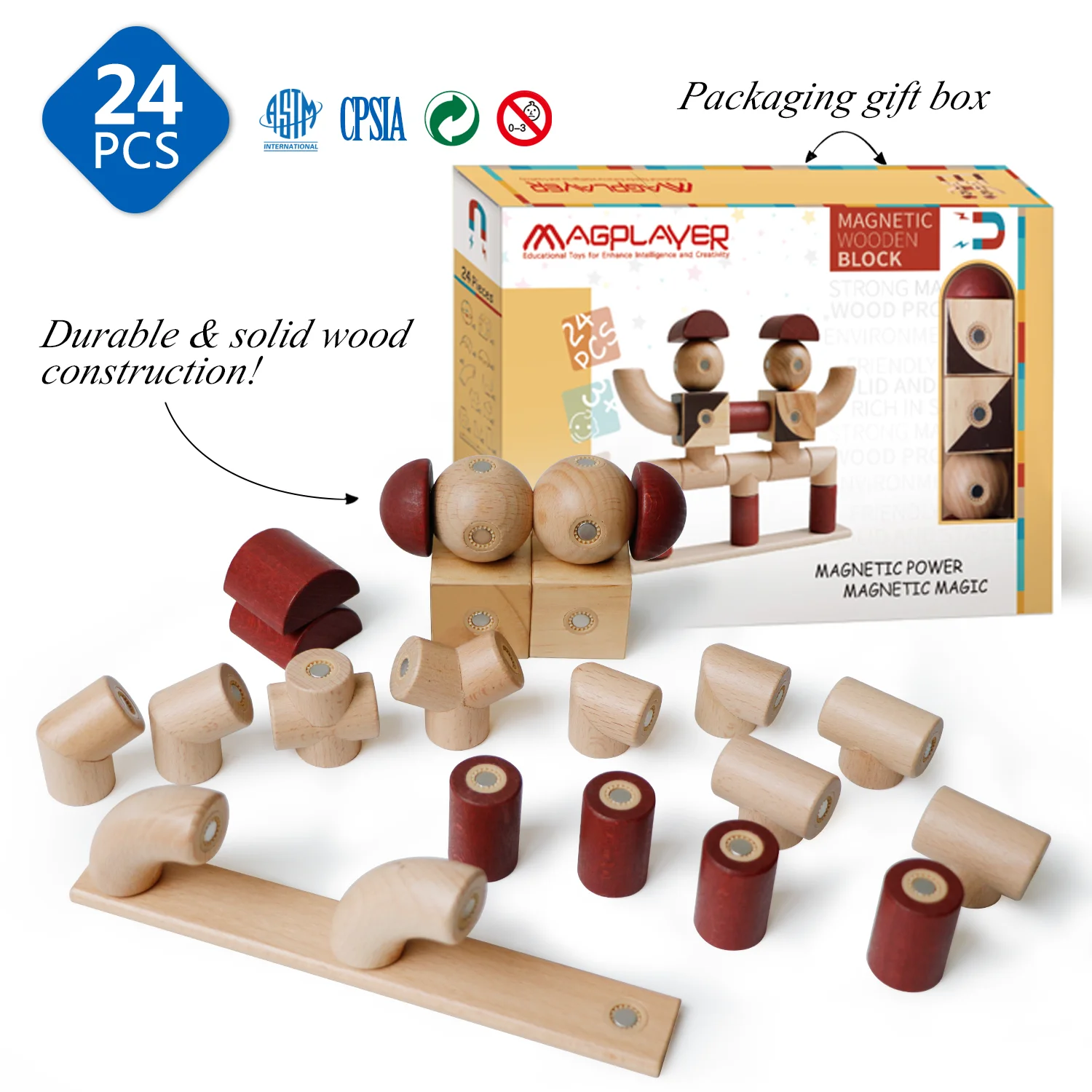 Romboss-24PCS-Magnetic-Wooden-Blocks-Set-Toy-Kids-Preschool-Educational ...