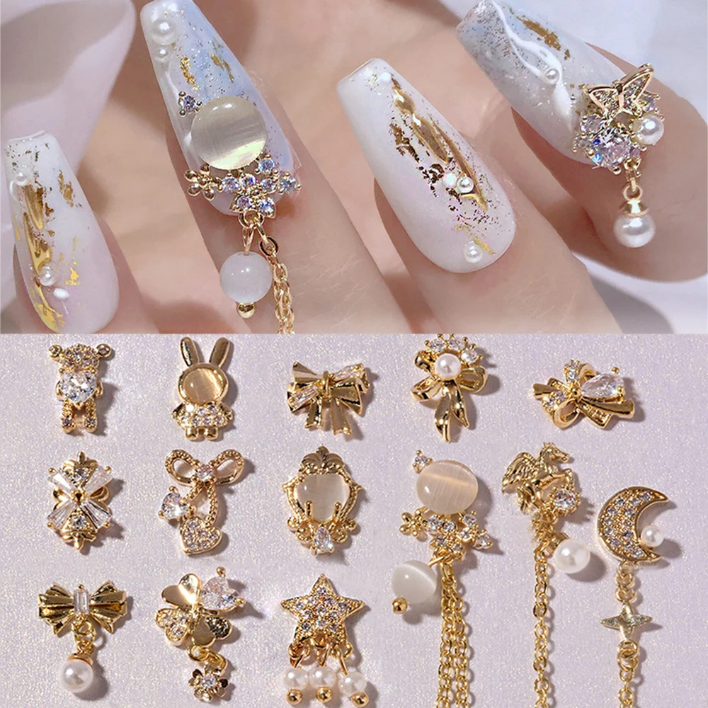 3D Bow Flower Crystal Pendant Chain Nail Art Decorations Metal Zircon ...