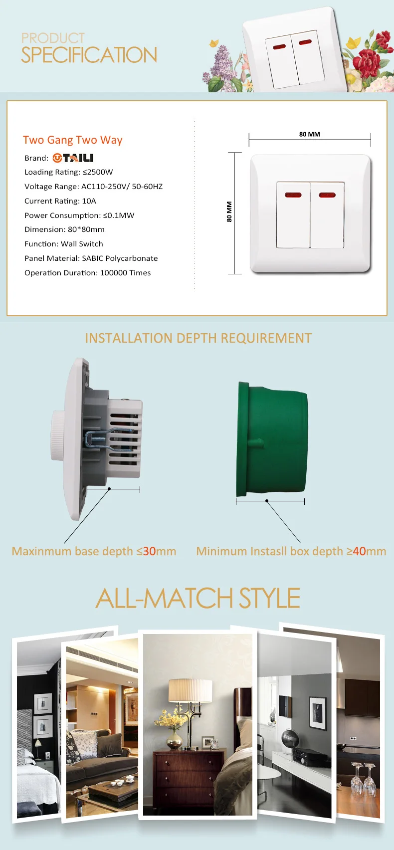 Taili Eu Standard Two Gang Two Way Wall Switch Light Switch Tl0613 ...