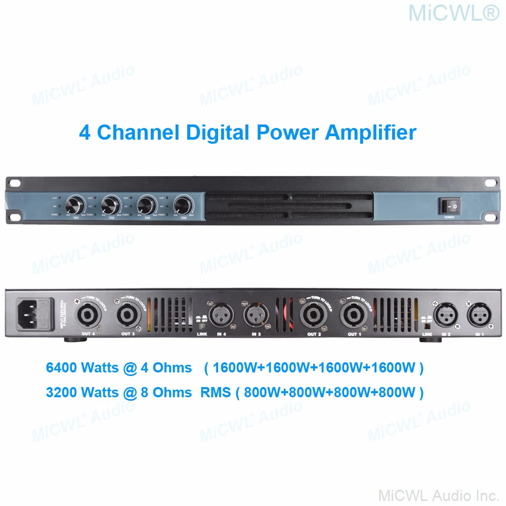 4 Channel 6400 Watts Professional DJ PA Power Amplifier 1U Rack Mount
