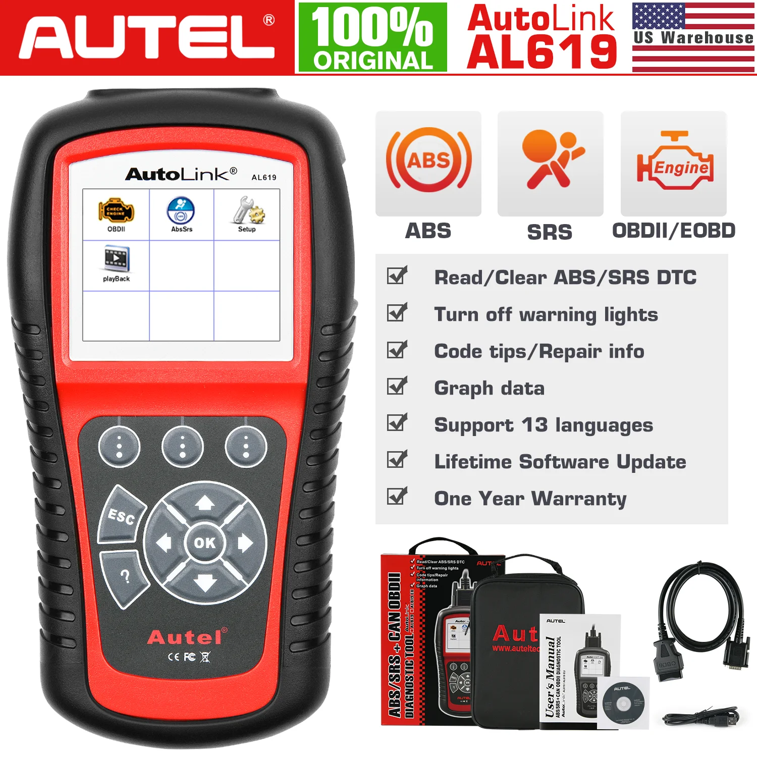 Autel Autolink AL619 Diagnostic Auto OBD2 Scanner Car Diagnostic Tool Engine,ABS,SRS Auto Multi ...