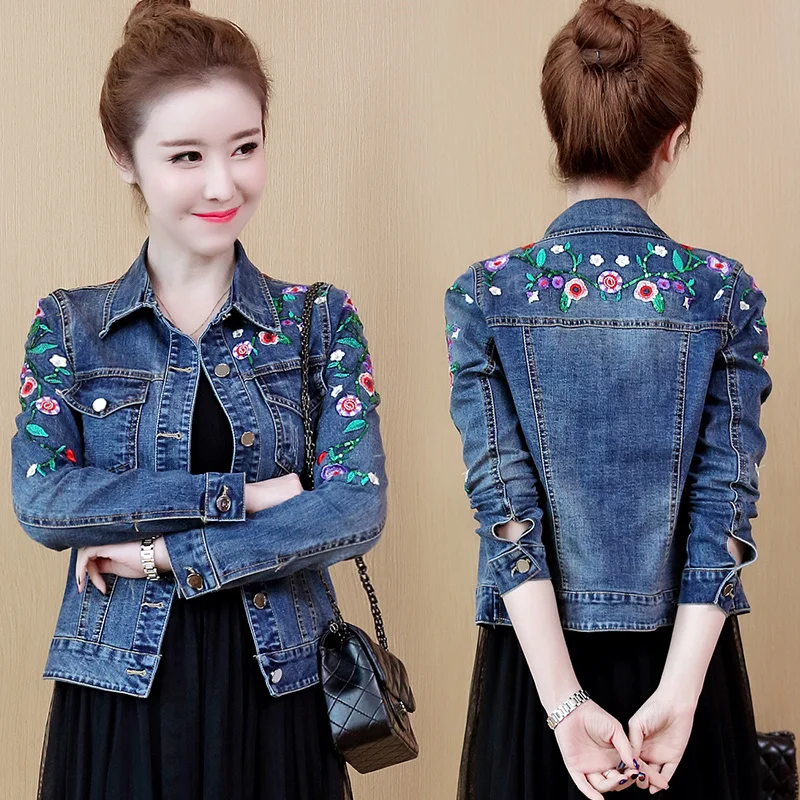 Women-Floral-Embroidery-Short-Denim-Jacket-Lady-Elegant-Single-Breasted ...