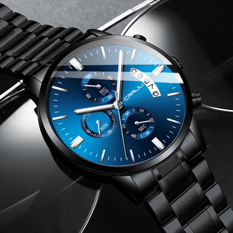 Top Brand Crrju Men Watches Fashion Blue Stainless Steel Waterproof ...