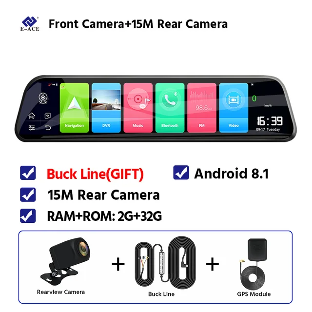 E-ACE D14 12 Inch 4G Android 8.1 Car Dvr Mirror GPS Navigation Dash Cam ...