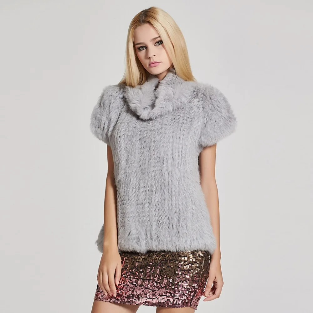 Feminino de malha real pele de coelho colete pulôver sólida moda feminina casaco quente pele ...