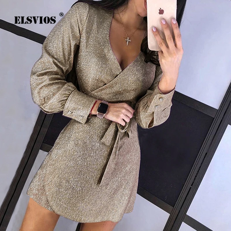 Sexy profundo decote em v elegante seda brilhante vestido feminino outono manga longa rendas ...
