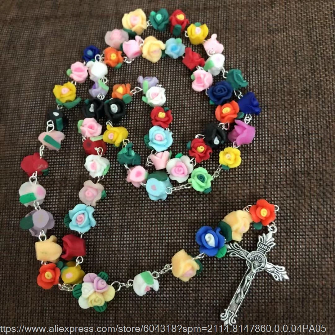 mixed-colorSoft-Ceramic-Rosary-rose-flower-beads-Jesus-Cross-Necklace ...