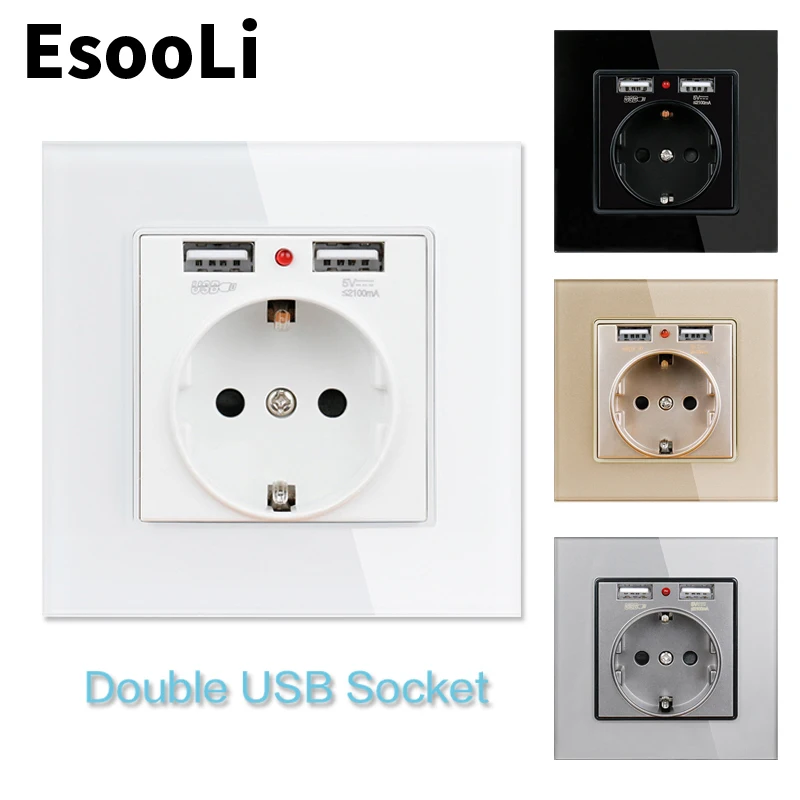 USB-Wall-Socket-EU-Power-Outlet-White-Crystal-Glass-Panel-Dual-USB ...