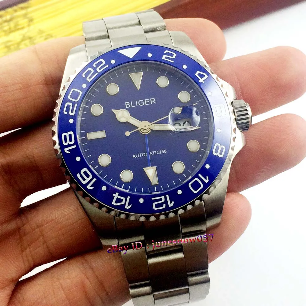 Bliger 43mm qualidade gmt relógio automático para homens mostrador azul ...