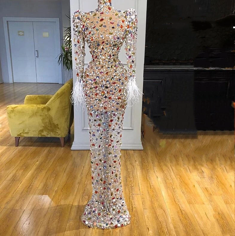 Colorful Crystals Pearls Sexy Mesh Dress Prom Evening Sexy Transparent ...