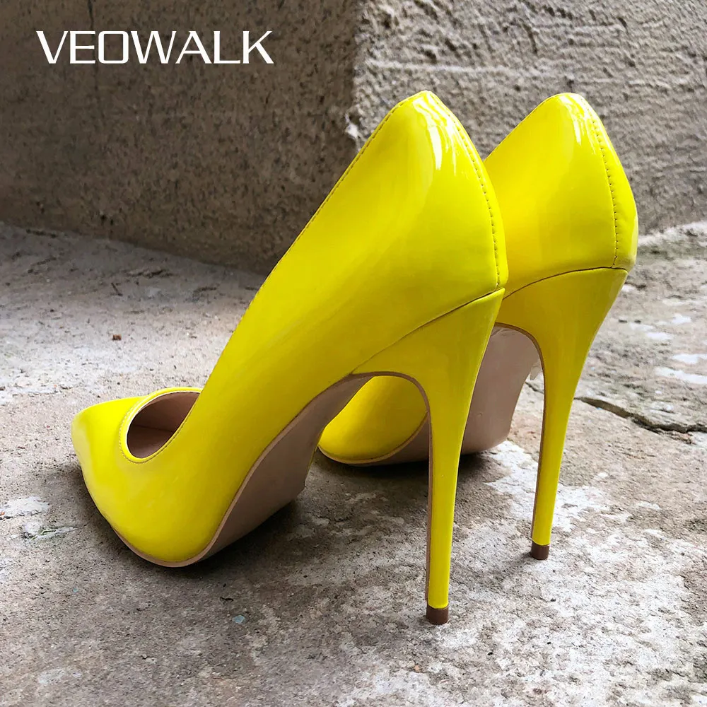 Veowalk-Solid-Color-Women-Yellow-Patent-Leather-Stiletto-High-Heels ...
