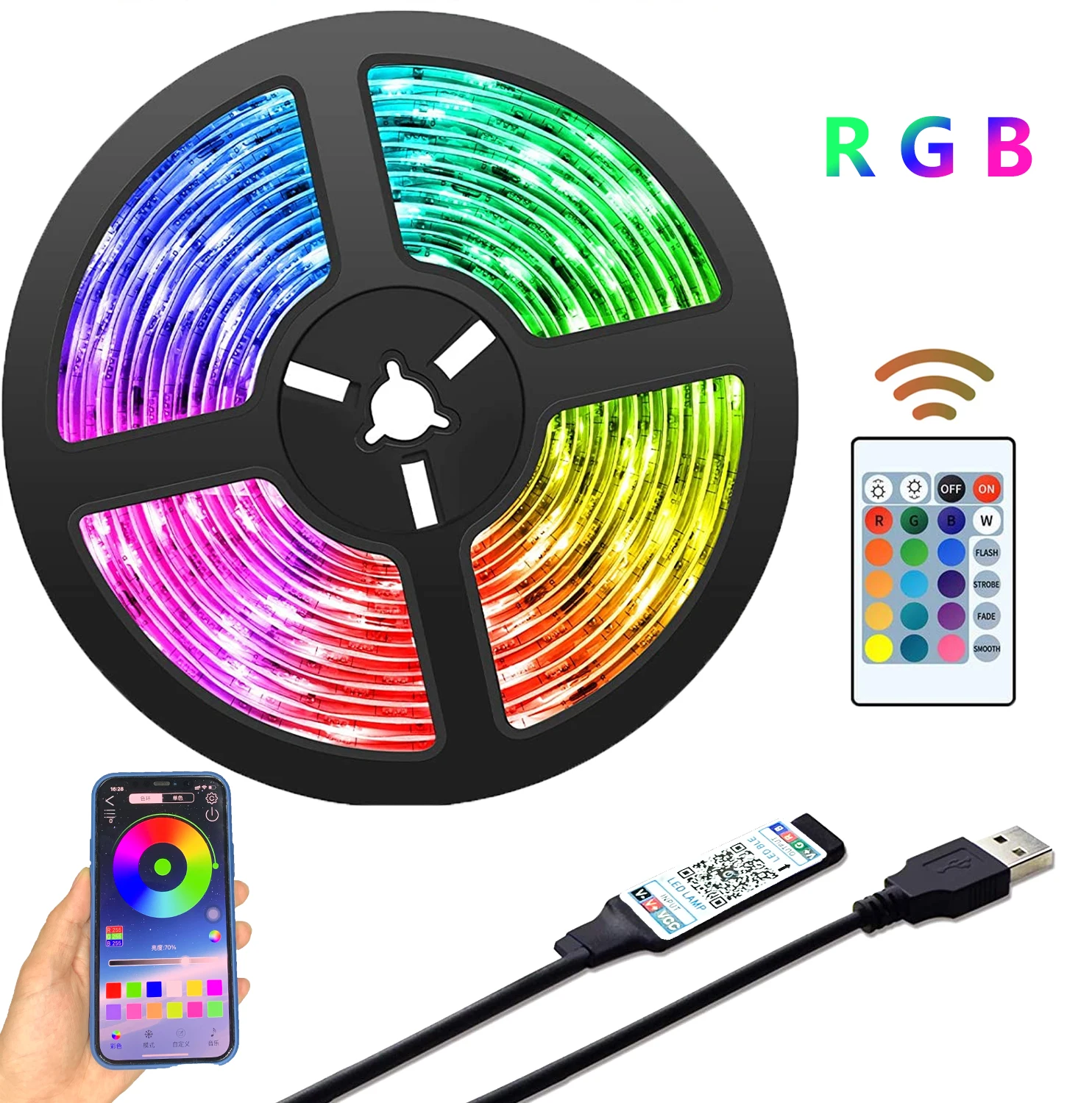 LED-Strip-Light-Bluetooth-USB-Powered-LED-Lights-Strips-With-Remote-RGB ...