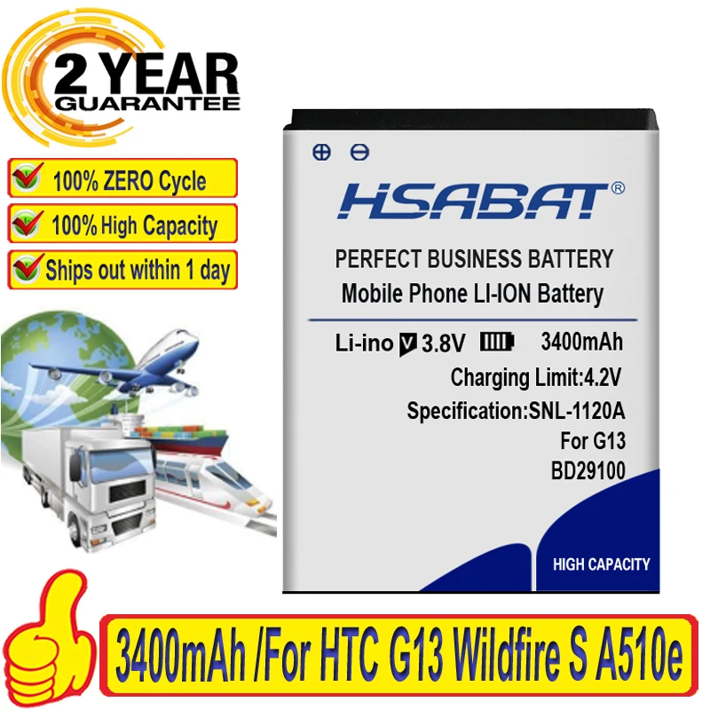 HSABAT 3400mAh Battery Use for HTC BD29100 G13 Wildfire S A510e A510C ...