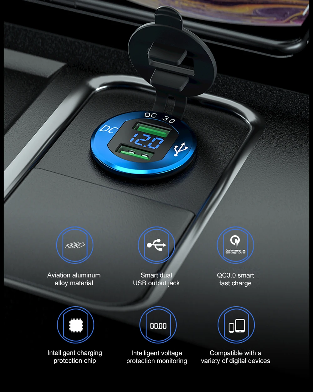 12V 24V 3.0 듀얼 USB 충전기, 전압계 알루미늄 방수 소켓 (풀블랙) [TYE-CS025] / 디바이스마트