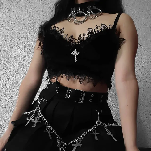 Velvet Mall Goth Crop Tops Black Lace Trim Emo Alternative Aesthetic ...