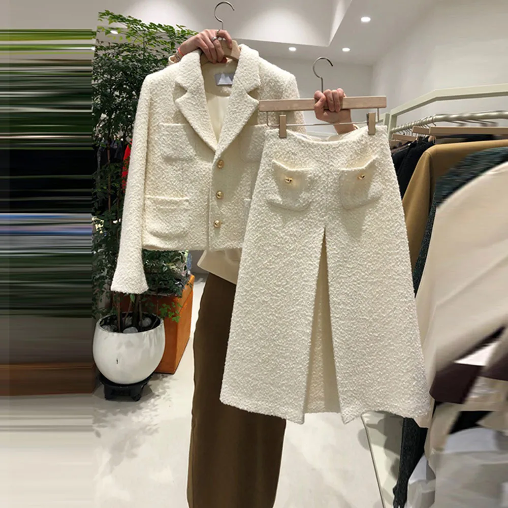 Women Tweed Jacket Suit Korean Chic Coat + Skirt Offices Two Piece Set ...