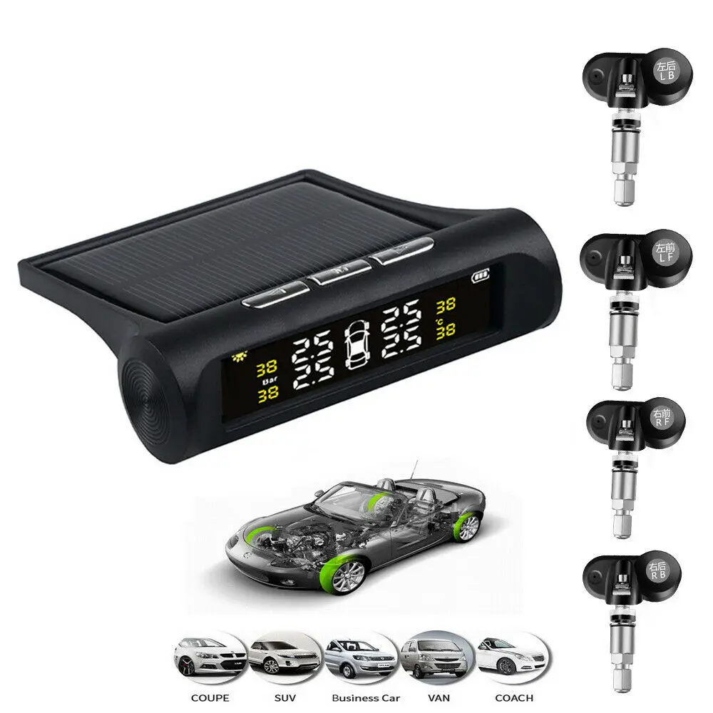 Wireless TPMS Solar Power Tire Pressure LCD Display TPMS Monitoring System with 4 External ...