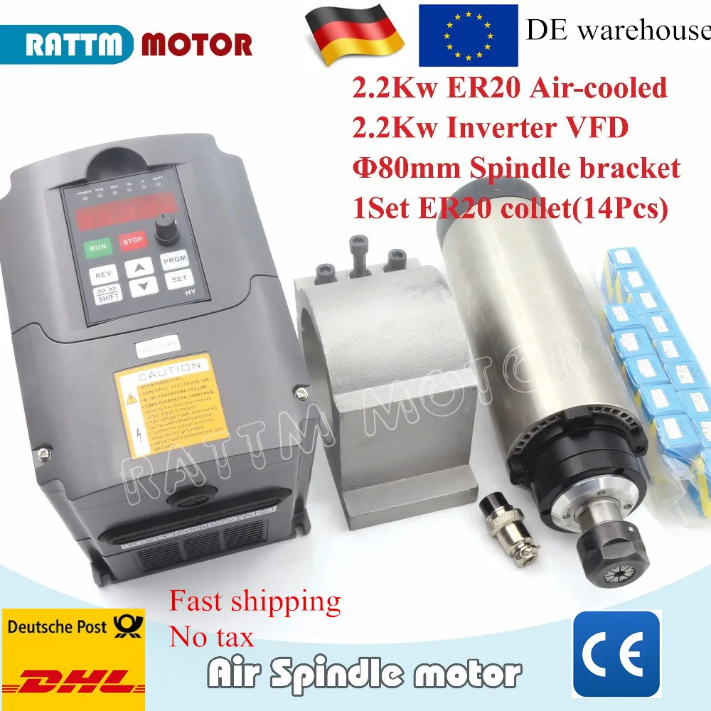 Air Cooled CNC spindle motor Kit 2.2KW ER20 400HZ 24000RPM + HY VFD ...