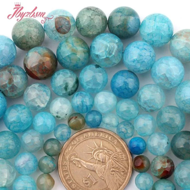 Round Agates Stone Beads Blue Smooth Cracked Loose Strand 15"6,8,10 ...