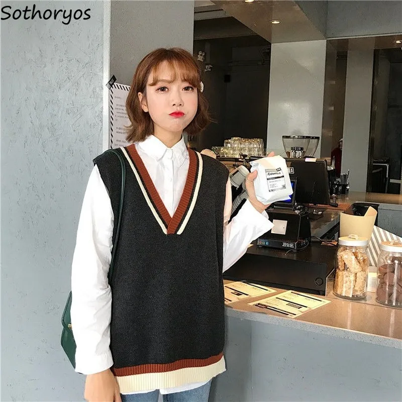 여성용 니트 프레피 스타일 스웨터 조끼 올매치 스트리트 하라주쿠 시크 캐주얼 민소매 팜므 스웨터 루즈 학생 스타일리시