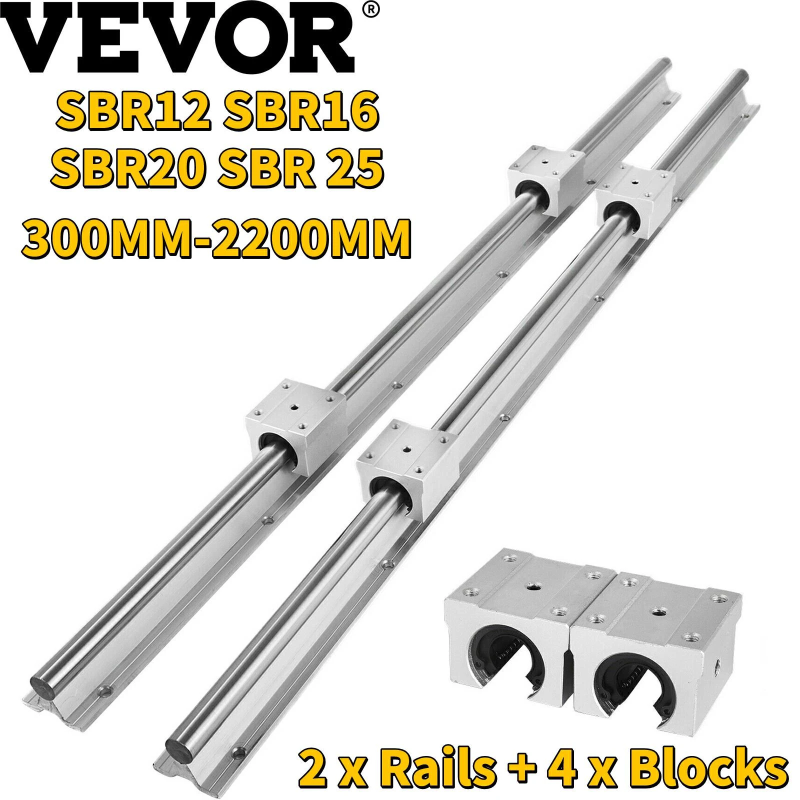Vevor 2pcs Linear Guide Rails Sbr12 Sbr16 Sbr20 Sbr25 300-2200mm & 4pcs ...