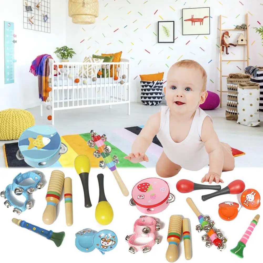 7PCS Wooden Early Childhood Infant Educational Toy Drum Rattles ...