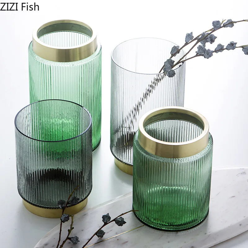 Gold plated Vertical Lines Glass Vase Hydroponics Flower Pots Desk ...
