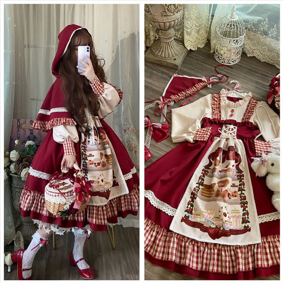 Quente doce menina lolita conjunto vestido feminino retalhos vestido vermelho com capa bonito ...