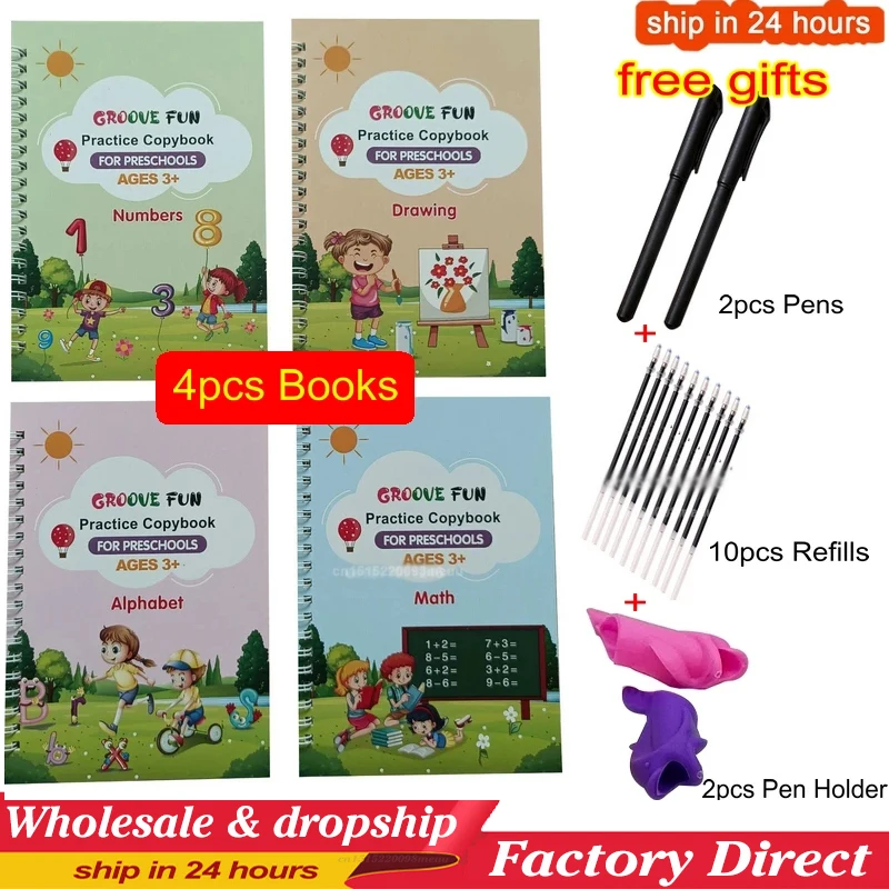4 Books + Pen Magic Practice Book Free Wiping Children's Toy Writing ...